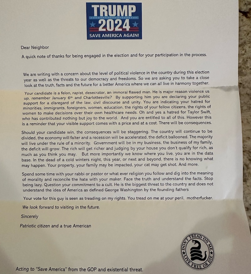 nasty letter to trump supporter - SAVVY MAINLINE